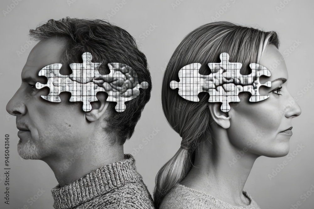 Profile of a man and woman with puzzle piece brains symbolizing the ...