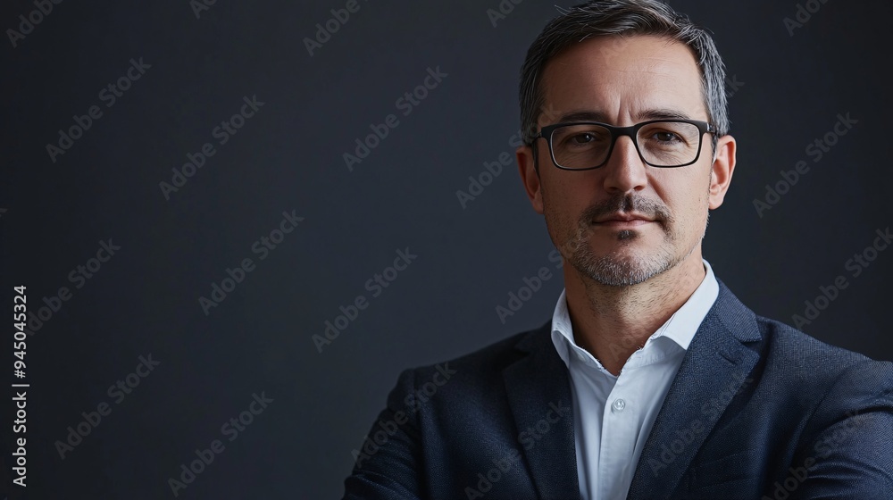 Confident professional man with glasses poses against a dark background ...