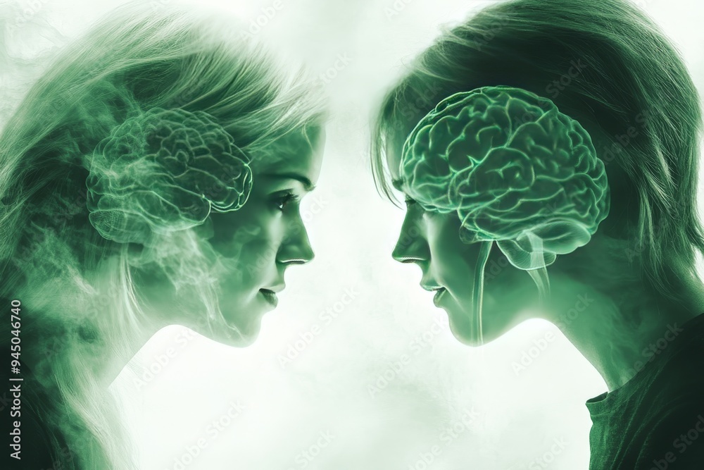 ภาพประกอบสต็อก Artistic illustration of two human profiles with glowing ...