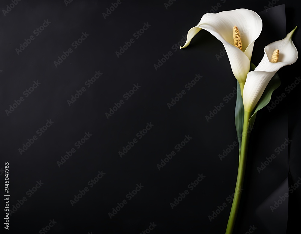 elegant white calla lily flowers on right side black empty paper on ...