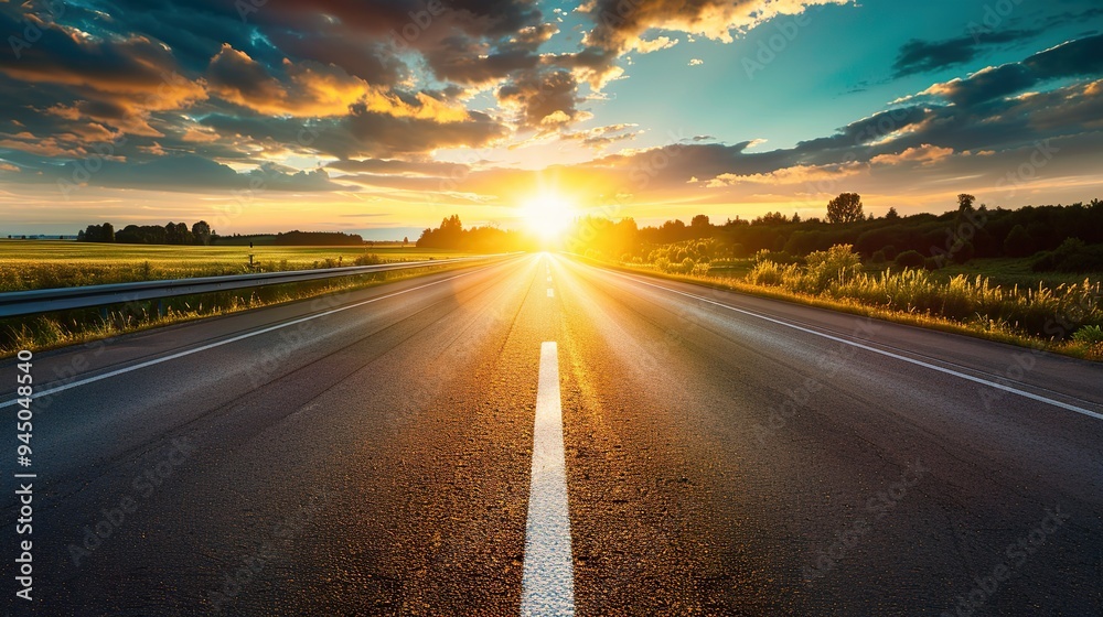 Beautiful sun rising sky with asphalt highways road in rural scene use ...