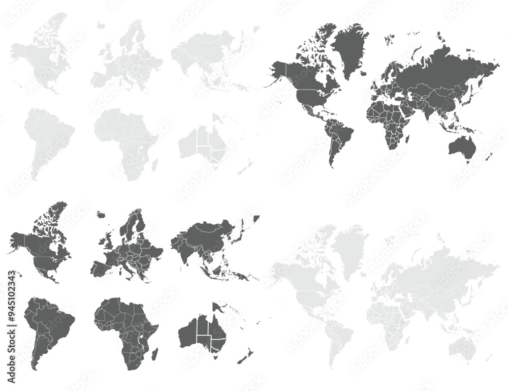 world map divided into continents.Asia, Europe, Africa, Antarctica ...