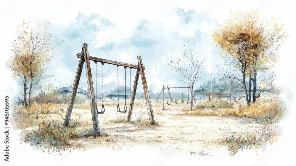 An abandoned playground featuring empty swings set against a backdrop ...