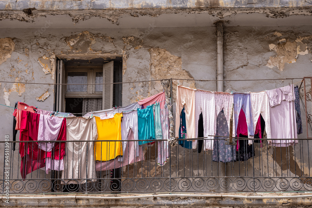 Clothesline or a line of clothes on a balcony in Oran, Algeria ...