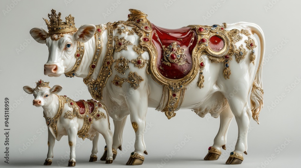Royal Cow and Calf A regal goldenencrusted cow and calf stand proudly ...