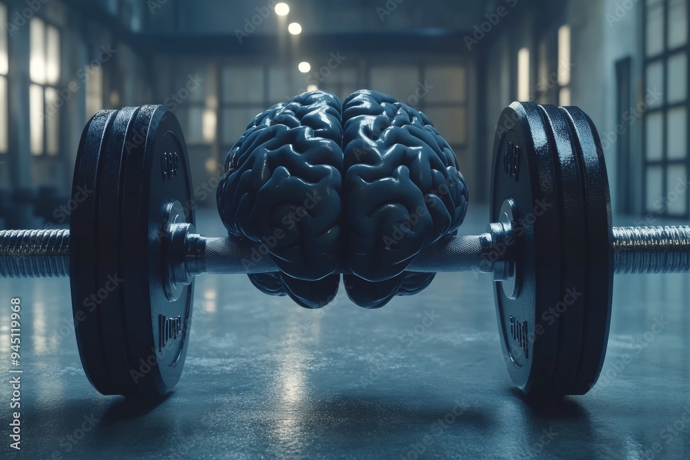 Futuristic gym scene with a brain lifting heavy weights symbolizing the ...