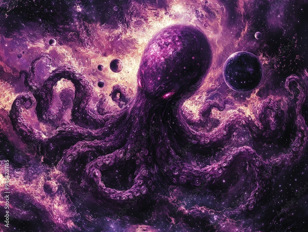 Cosmic Octopus A closeup perspective of a monstrous purple cephalopod ...