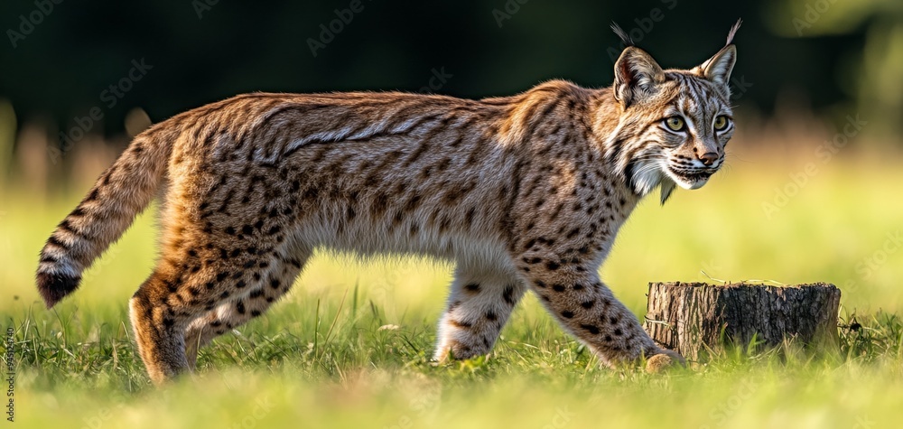 A lynx walks through a lush green field its spotted fur blending with ...