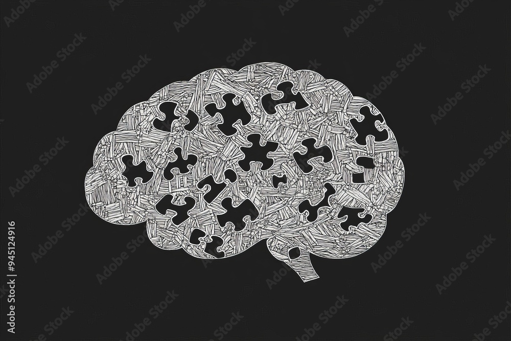 Textured grayscale illustration of a brain puzzle with missing pieces ...