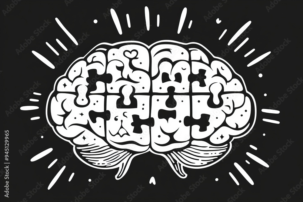 Black and white line art of a brain puzzle symbolizing mental health ...