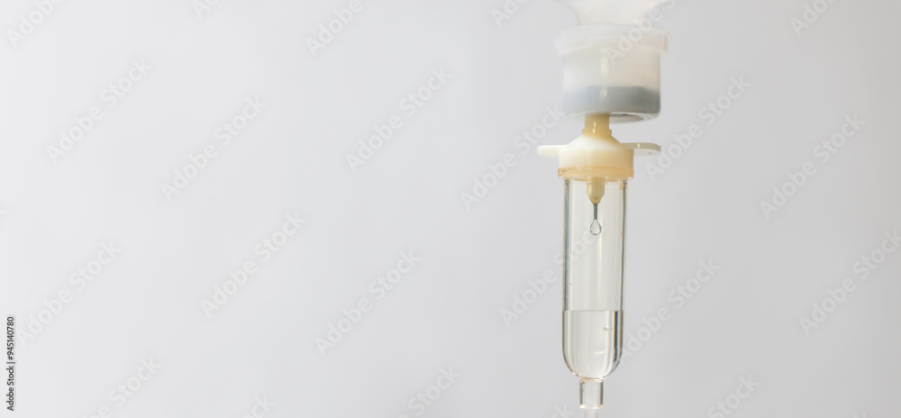 Saline drip in the hospital. 0.9% Normal saline solution NSS. Set ...