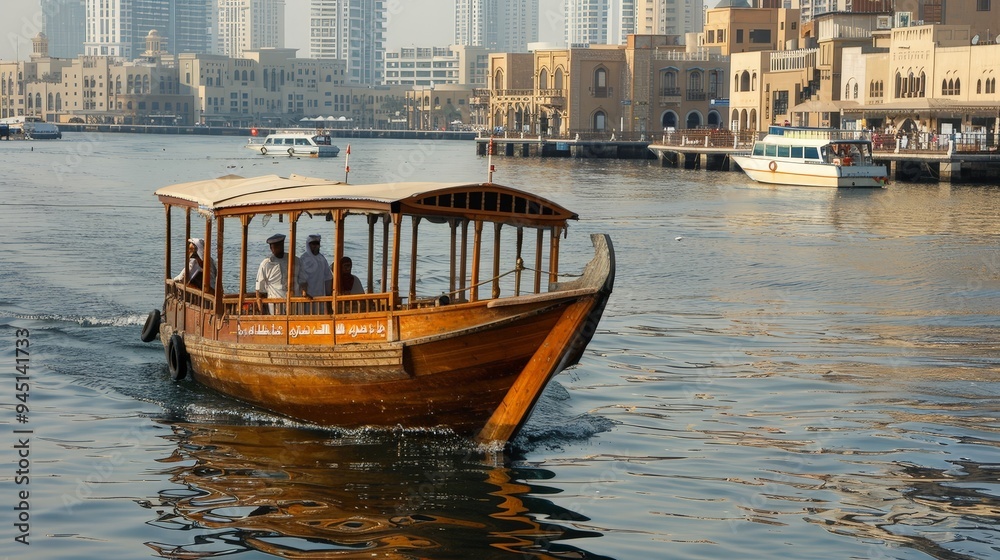 A traditional abra ride across Dubai Creek. The scene includes the ...