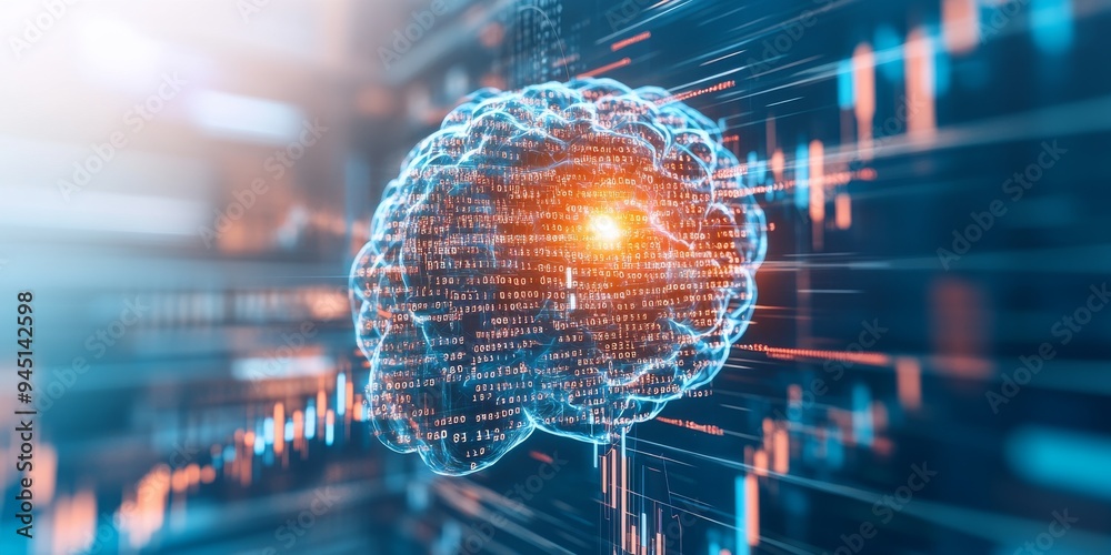 An AI algorithm visualized as a complex digital brain connected to global stock exchanges, with ...