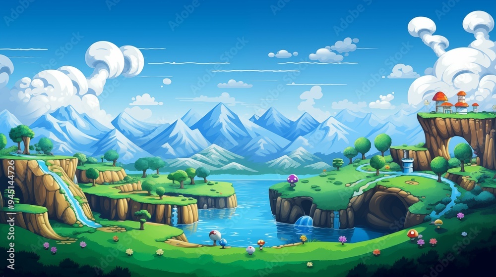 games world map with multiple islands, waterfalls, and rivers, a bright ...