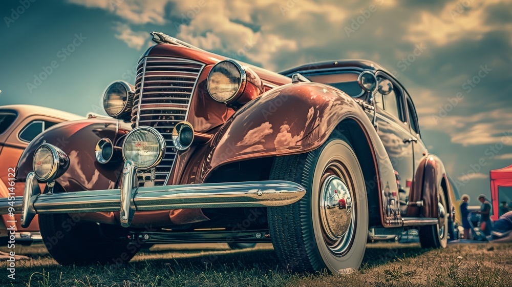 A vintage classic car displayed at an outdoor car show, featuring its ...