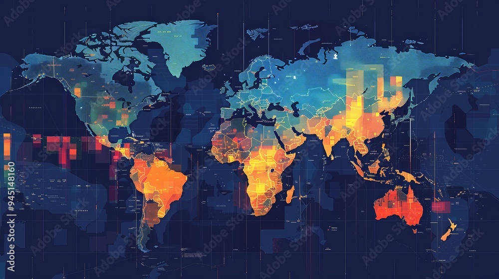 A world map overlayed with demographic data. The map displays ...