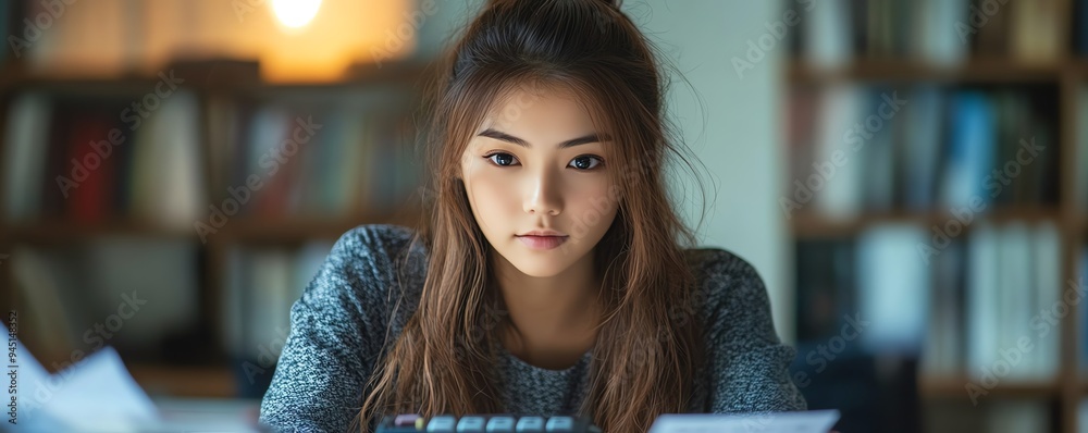 Young Asian woman using calculator to plan budget, balancing bills and ...