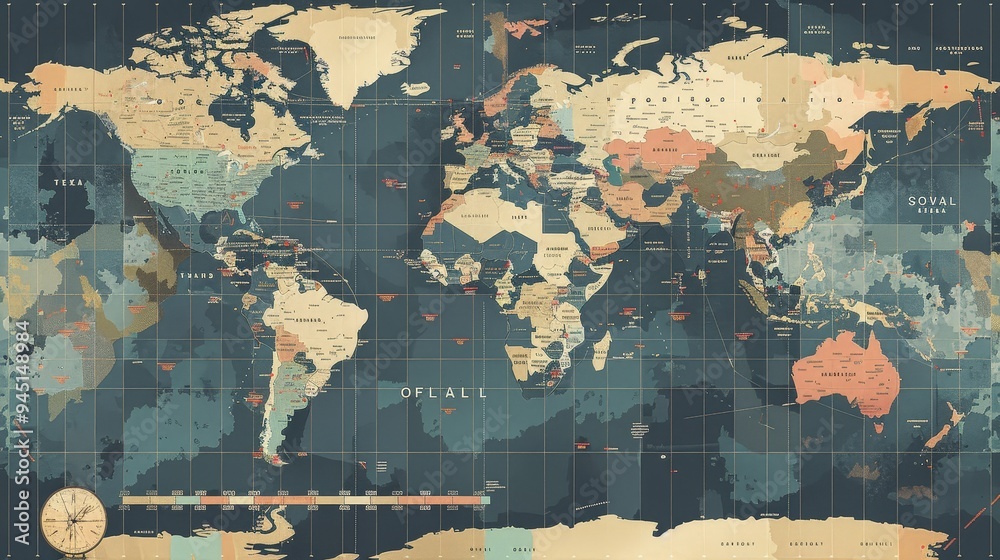 A world map with a focus on time zones. The map includes demarcations ...