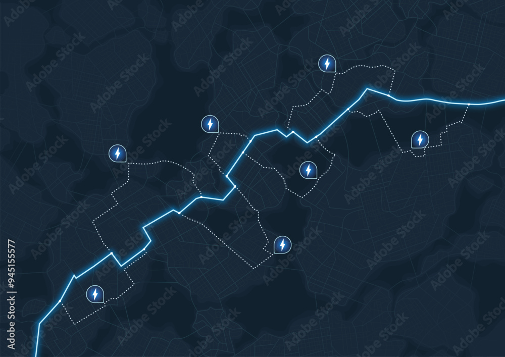 Digital map with highlighted blue line route. Map features several with ...