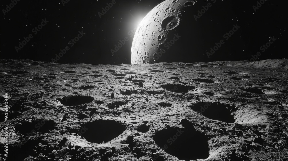Shadows creeping across the moon surface, creating a mysterious and ...