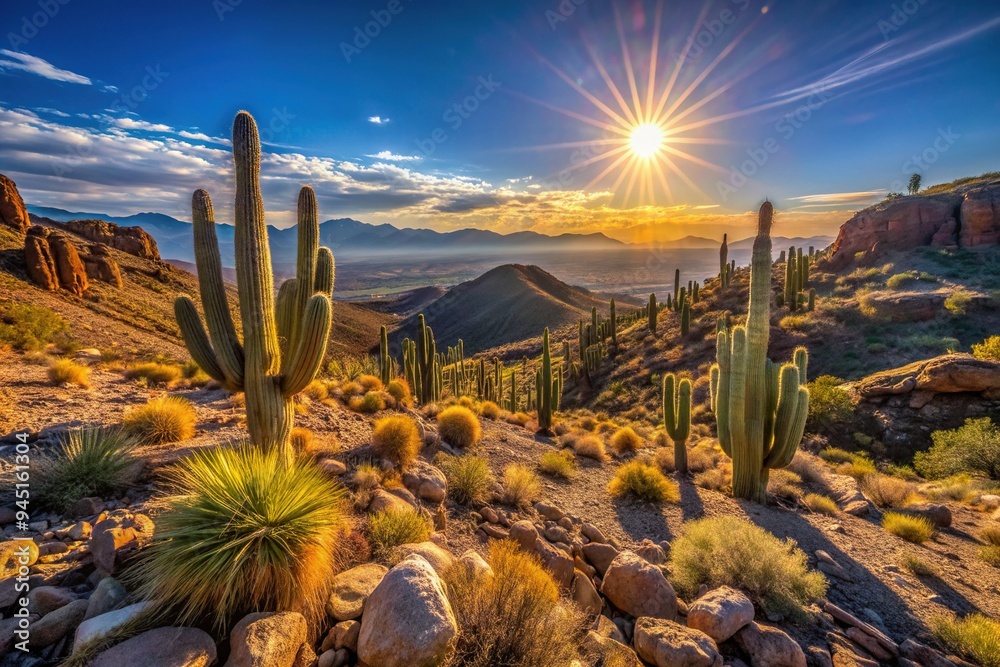 Breathtaking vista of sun-scorched, rocky terrain with isolated shrubs ...