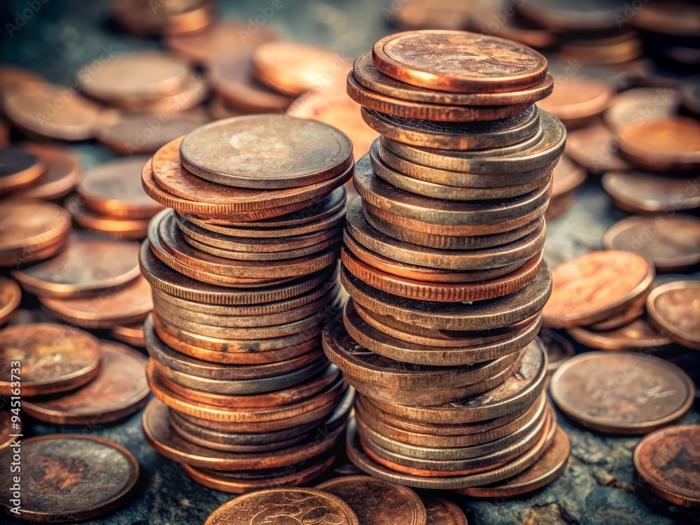 A photo image of a messy stack of old pennies, with some coins stacked ...