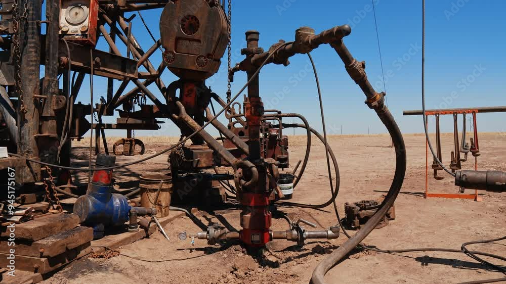 Diversity of drilling equipment in the hot deserted field. Oil or gas ...