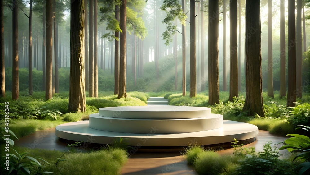 3d render abstract platform podium on forest with trees and leaf ...