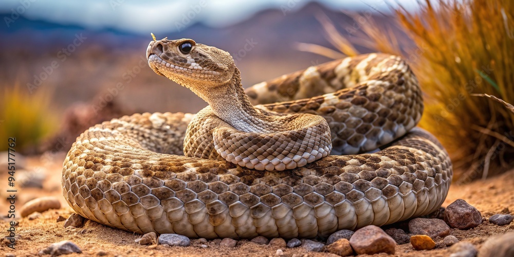 Coiled western diamondback rattlesnake displaying menacing posture ...