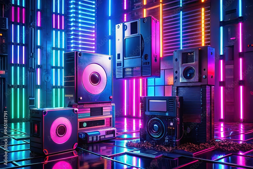Vintage floppy disks and retro computer parts amidst neon lights and ...