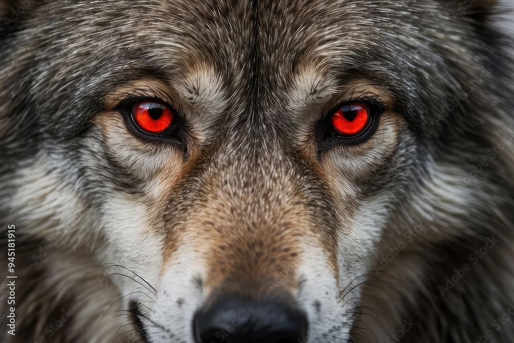 scary wolf with red eyes in a gloomy night forest shrouded in mist ...