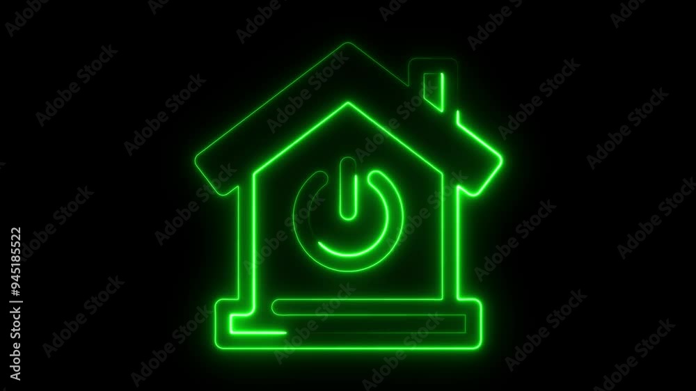 Neon Smart Home Icon, Glowing Cyan House with Power Button, Futuristic ...