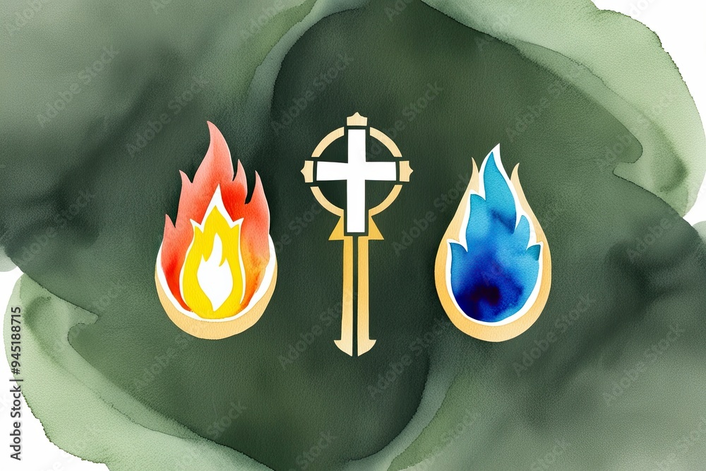 Elegant Watercolor Sacred Unity Symbols Cross Halo and Holy Spirit Fire ...