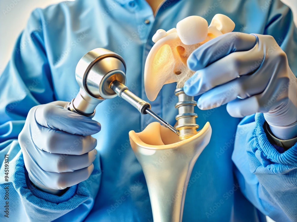 A photo image of a surgeon's hand placing a custom-made titanium hip ...