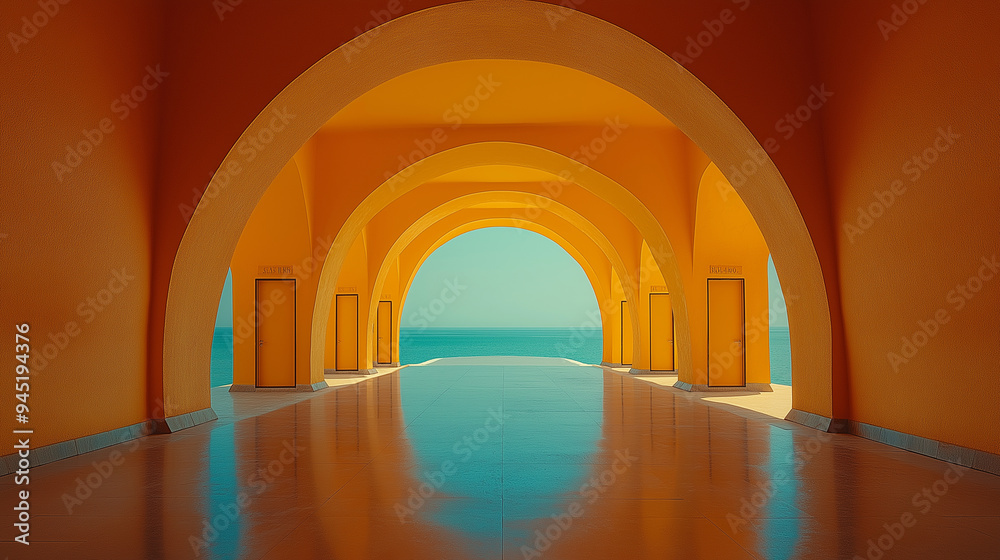 An arched hallway with evenly spaced, identical doorways along both ... An arched hallway with evenly spaced, identical doorways along both ...