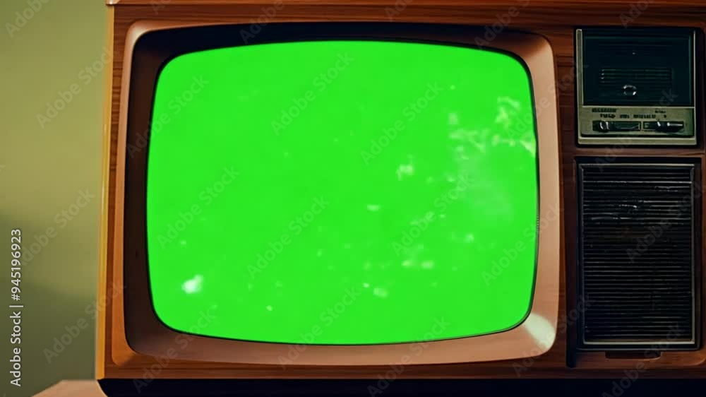 Retro vintage television. Close Up Footage of a Dated TV Set with Green ...