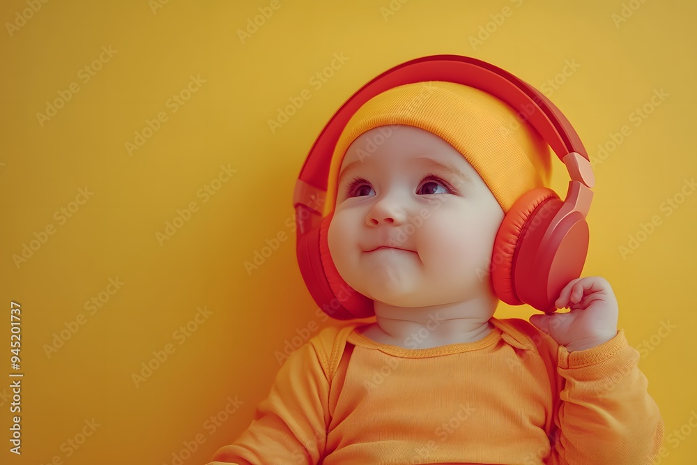 cute baby wearing headphones, against a solid background with empty ...