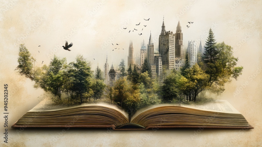 Whimsical world emerging from a book: Trees, buildings, and birds burst ...