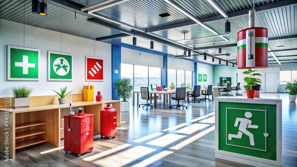 Colorful office workplace with evacuation route signs, fire ...