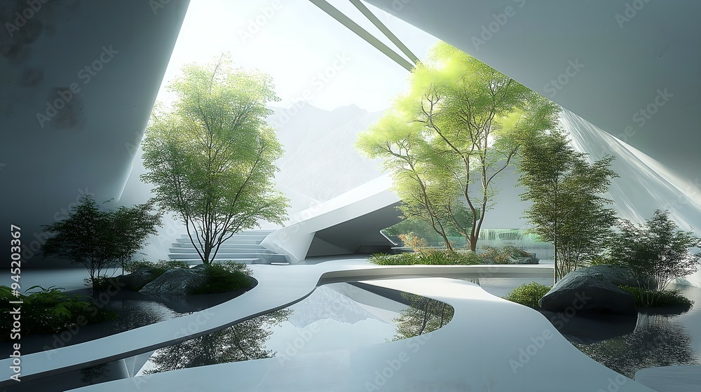 Modern Atrium with Minimalistic Design Featuring Streamlined Architecture, Lush Greenery, and ...