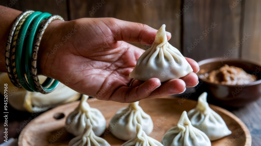 Hand wearing green and gold bangles holding a freshly prepared ...