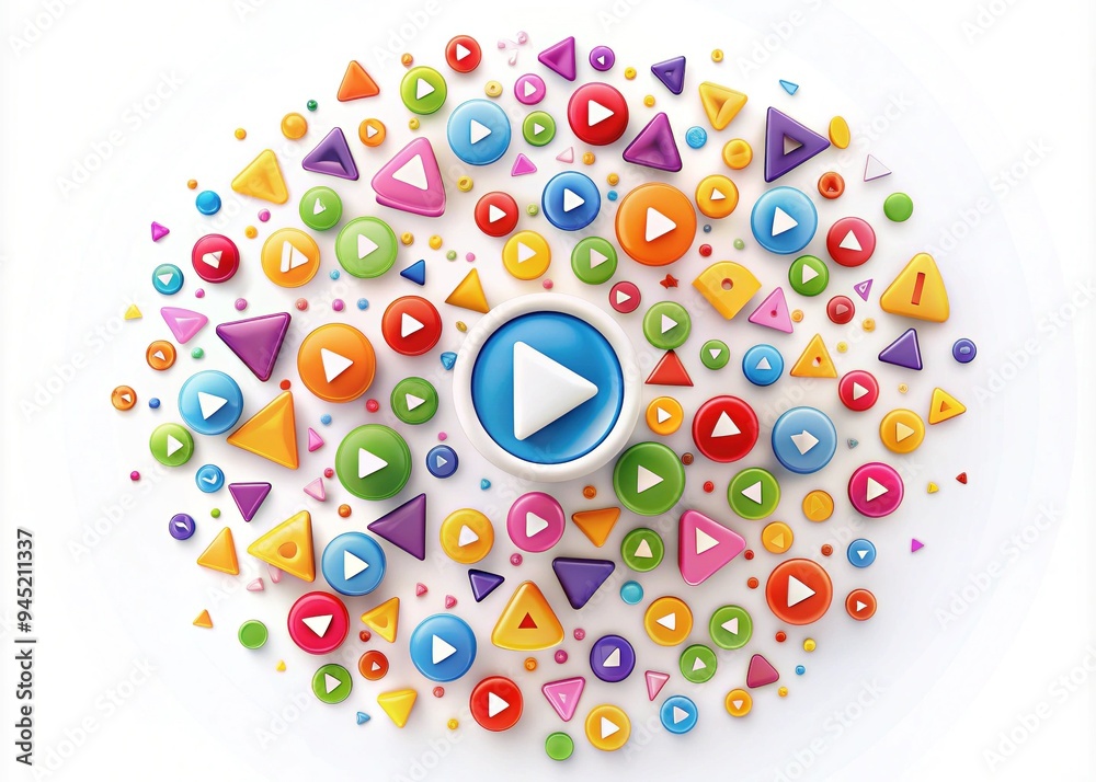 Colorful triangular play icons and circular video symbols scattered on ...