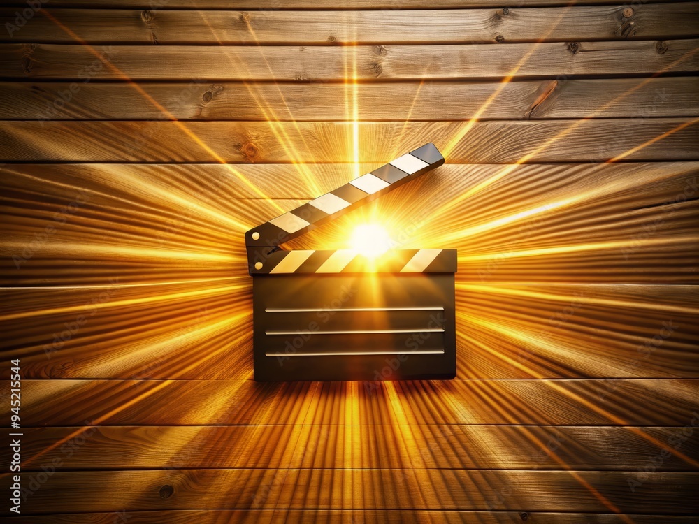 A photo image of a clapboard with a retro-futuristic logo embedded in ...