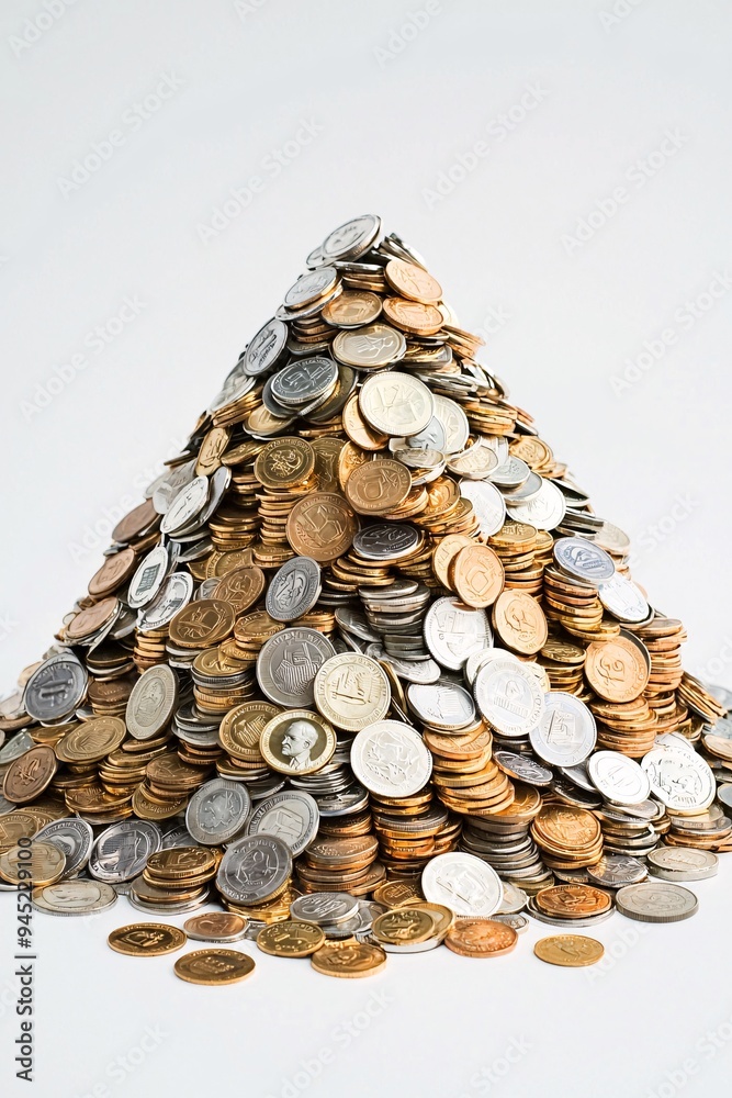A pyramid made from gold coins, silver coins, and banknotes represents ...