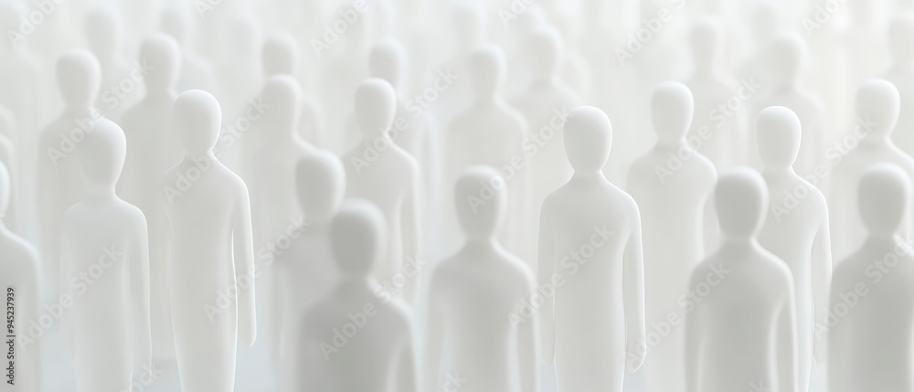 A group of featureless, white human-like figures standing together ...