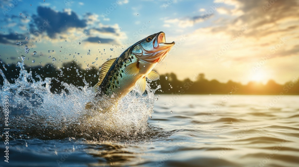 photograph of Close up of Fish jumping over the surface water in lake ...