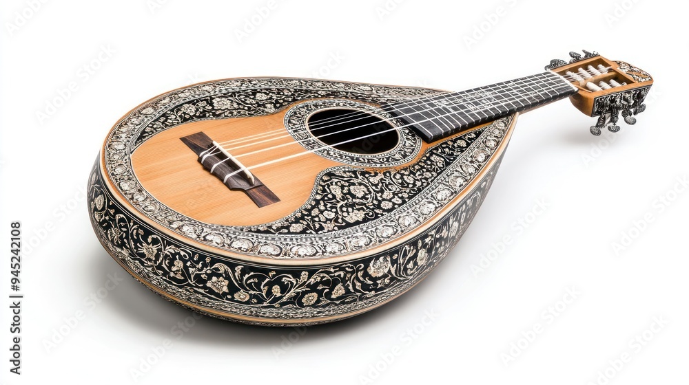 Illustrate a Middle Eastern oud, featuring its rounded body and short ...
