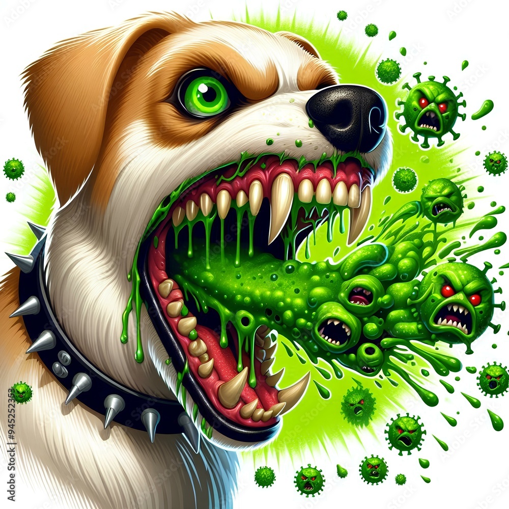 Dog shows dangerous teeth, ready to attack. Rabies. Angry animal with ...