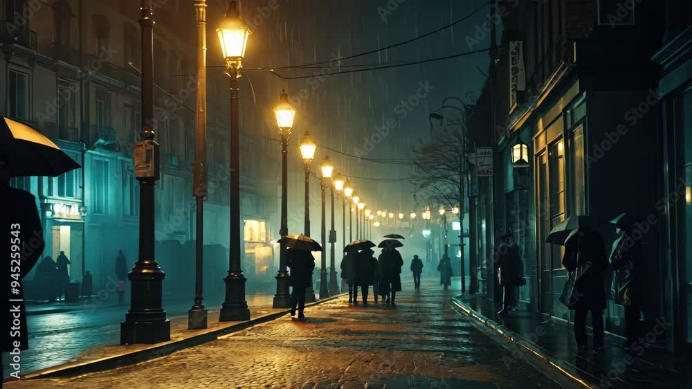 Video footage of urban street scene at night,Warm street lamps cast a ...