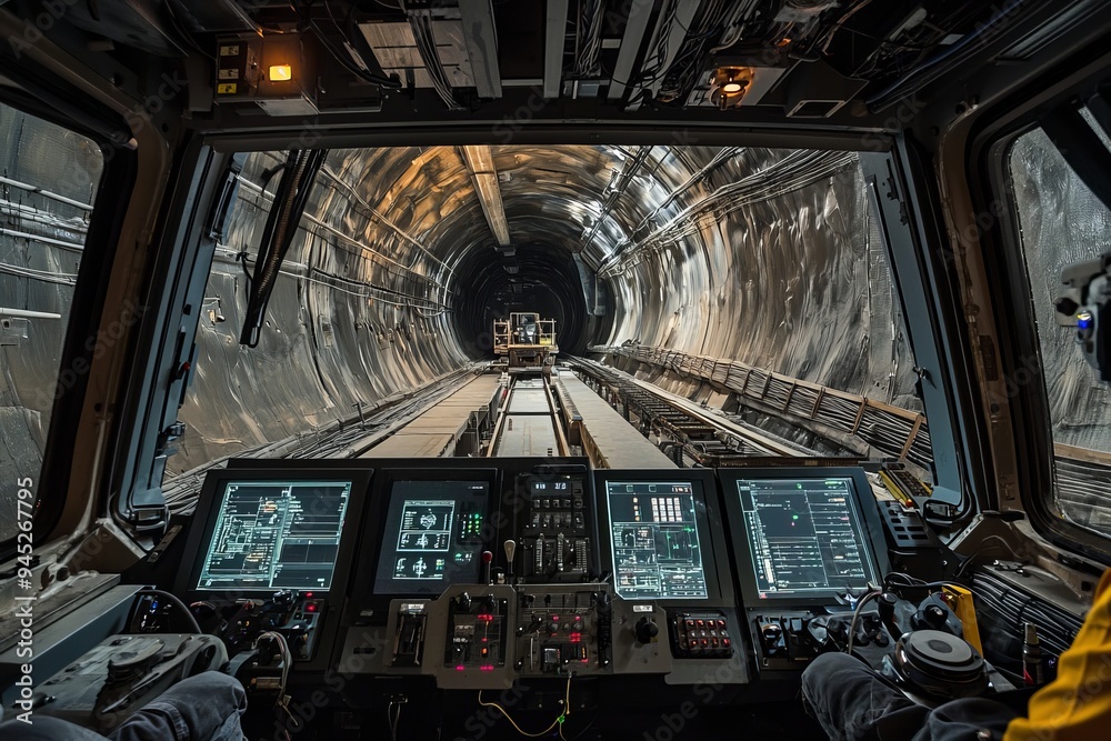 The interior view of a tunnel boring machine as it progresses through a ...